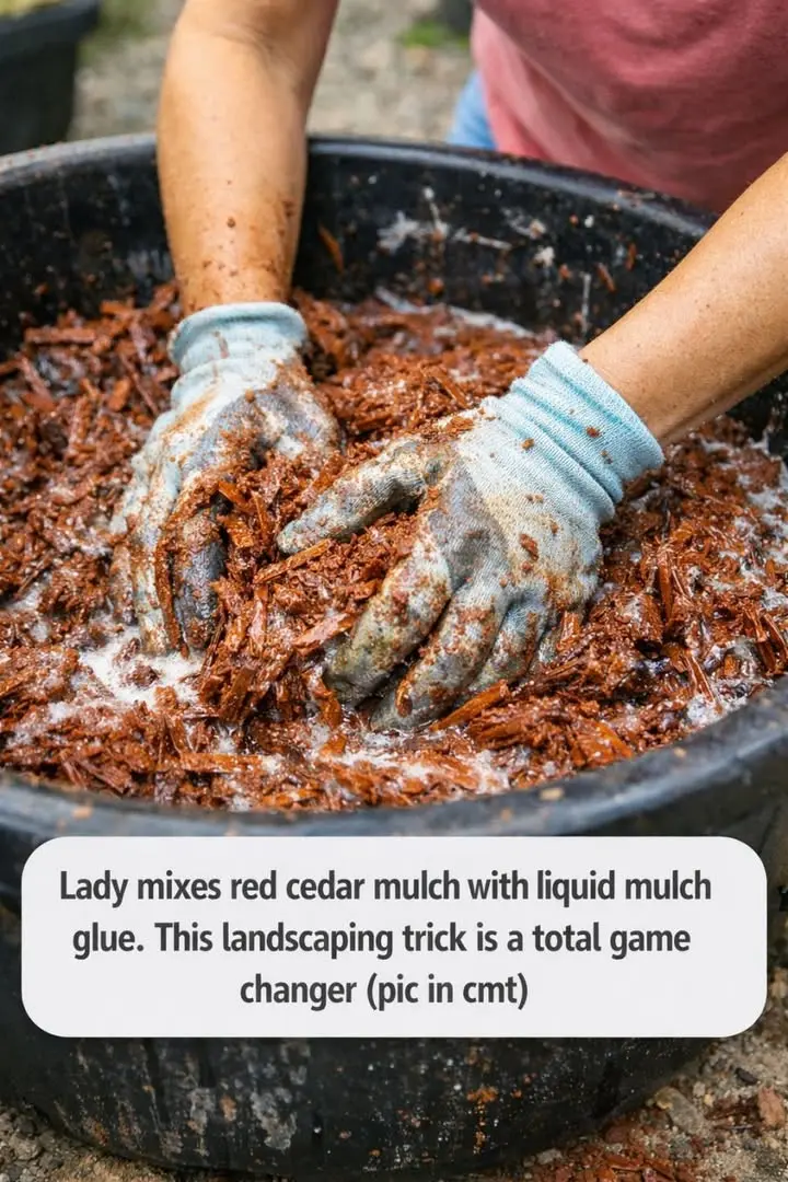 Lady mixes red cedar mulch with liquid mulch glue. This landscaping ...